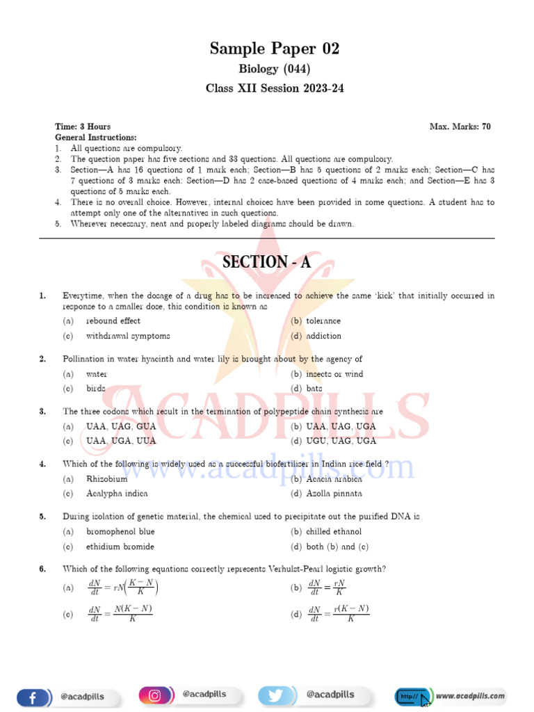 Class XII Biology Sample Paper 2023-24 | PDF | Zygosity | Genotype