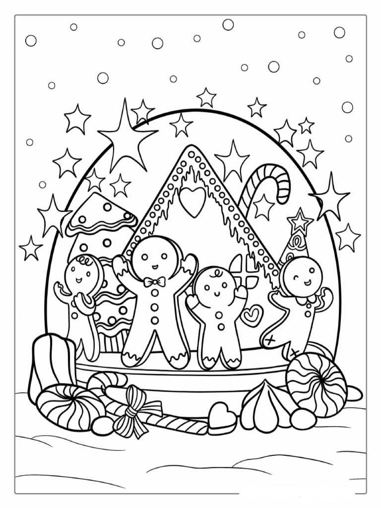 Gingerbread Men in Snow Globe To Color | PDF