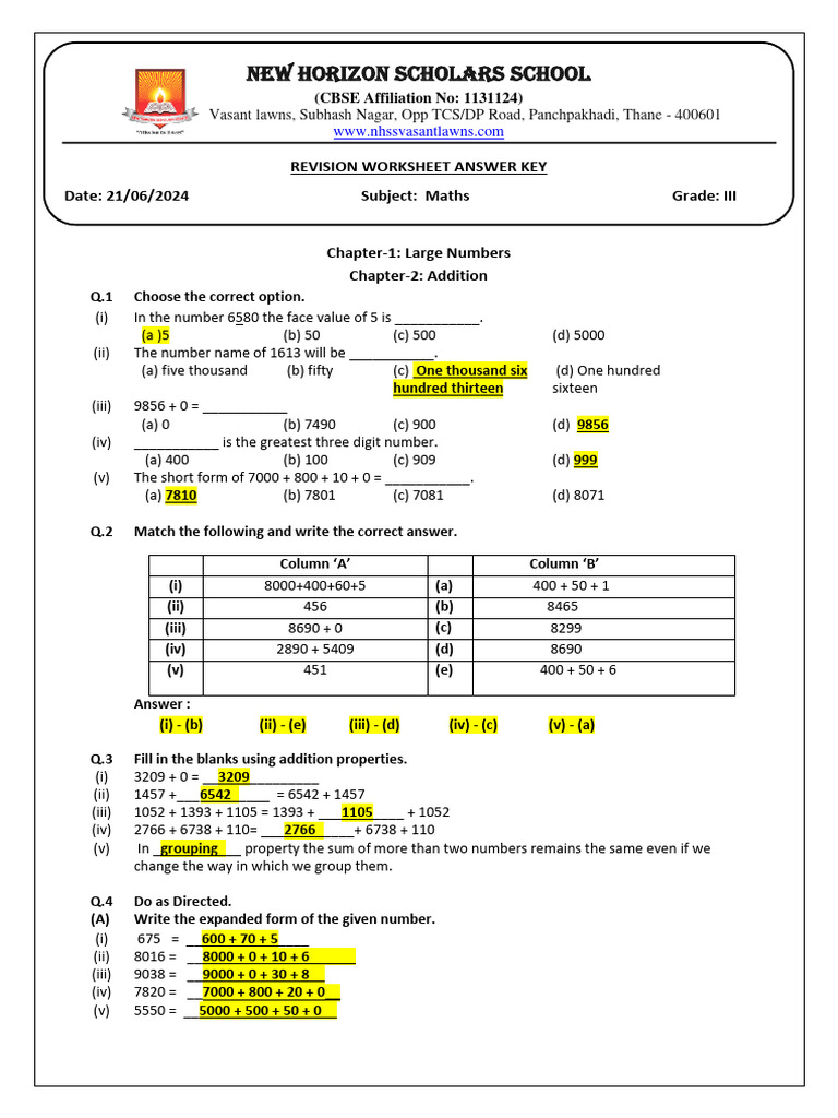 NHSSVL - GradeIII - Maths - PA1 - Revision Sheet Answer Key - 2024-25 ...