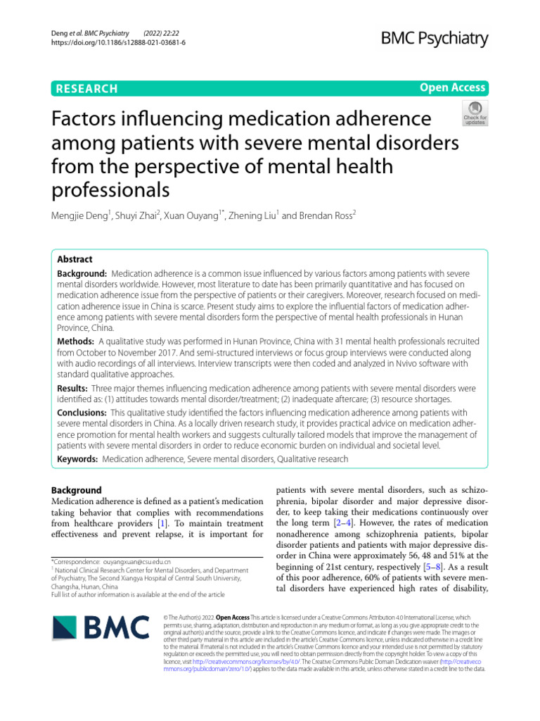 Factors Influencing Medication Adherence Among Patients With Severe ...