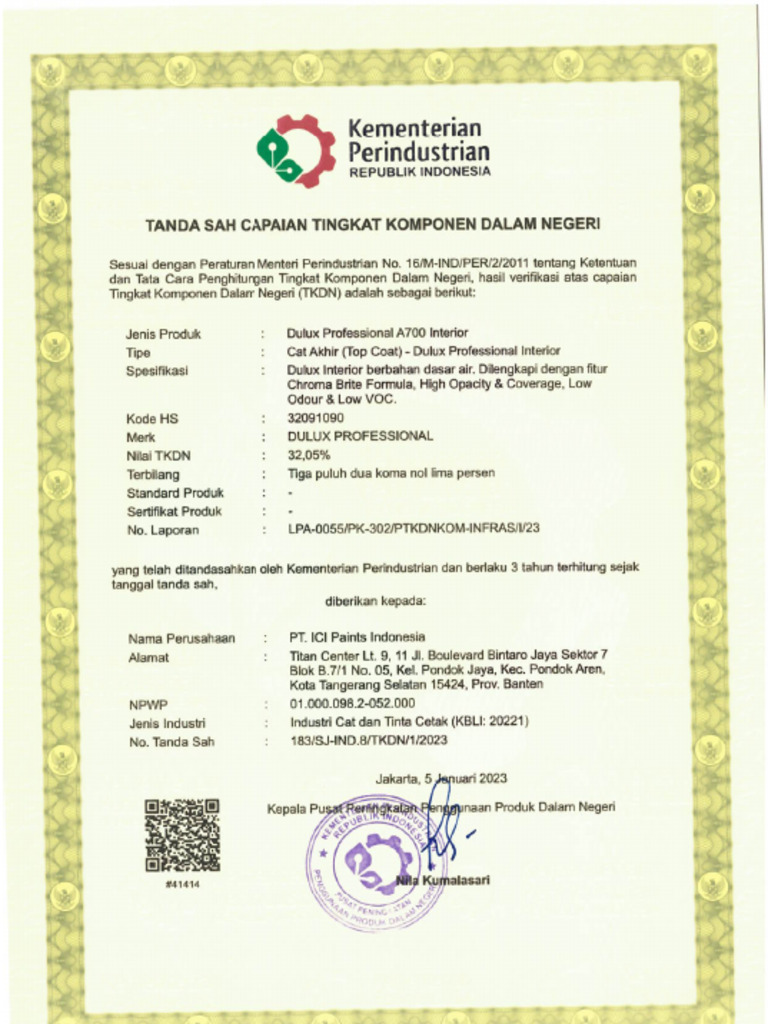 PT. ICI PAINTS INDONESIA - Dulux Professional A700 Interior | PDF