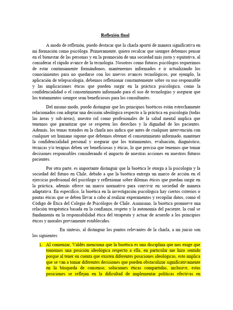 Reflexión final | PDF | Bioética | Sicología