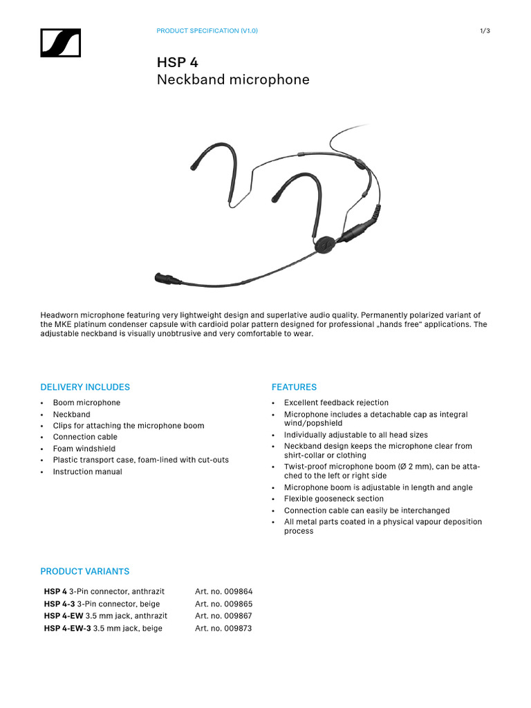 SP 1326 v1.0 HSP 4 Product Specification EN | PDF | Microphone | Decibel
