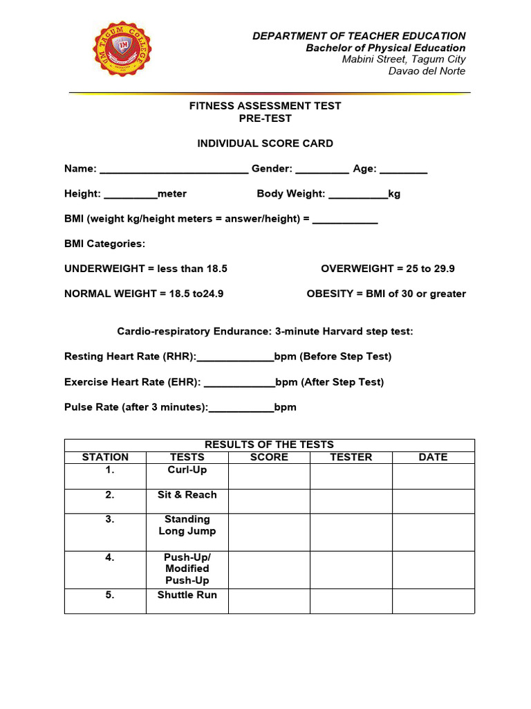 Fitness Assessment Test Score Card | PDF