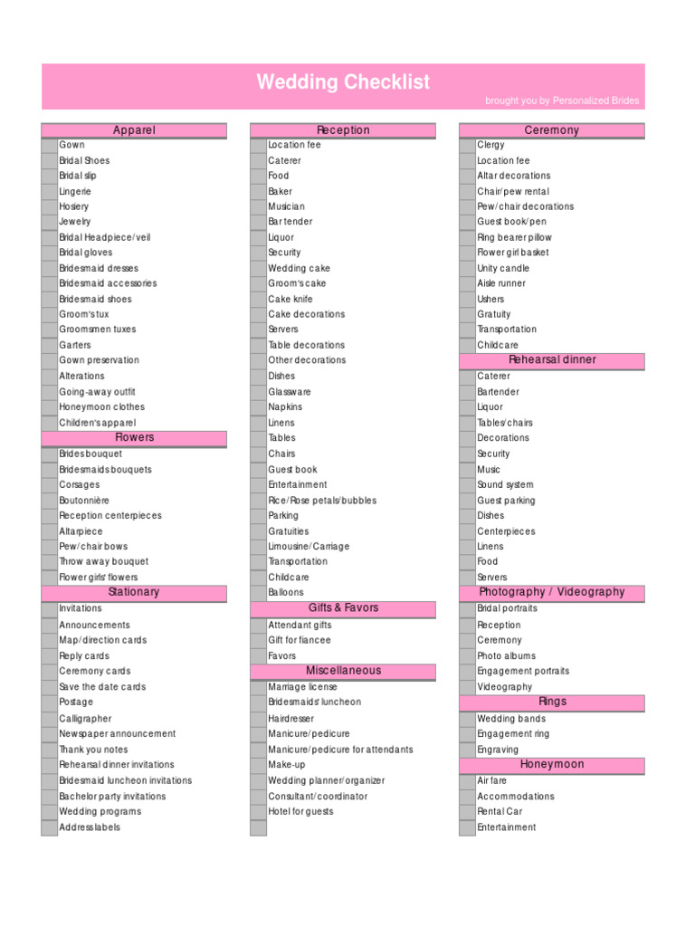 Wedding Checklist | PDF | Bridesmaid | Bride