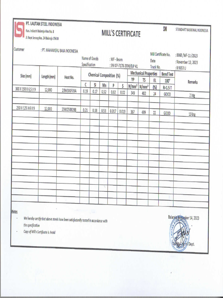 Mill Certificate - PT. DGE | PDF