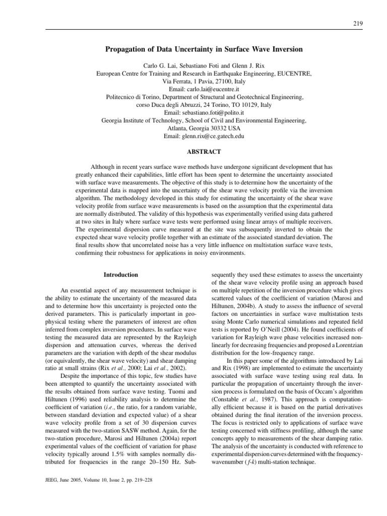 Propagation of Data Uncertainty in Surface Wave Inversion | PDF | Waves | Inverse Problem