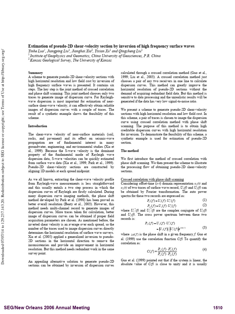 Estimation of pseudo‐2D shear‐velocity section by inversion of high frequency surface waves ...
