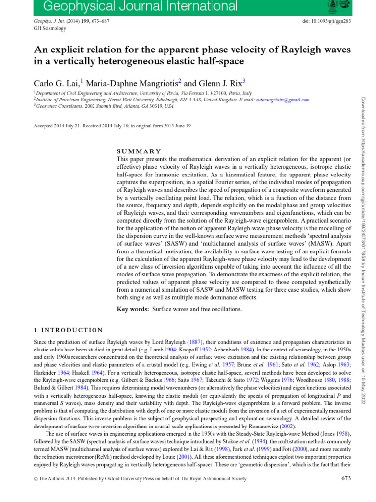 An Explicit Relation For The Apparent Phase Velocity of Rayleigh Waves ...