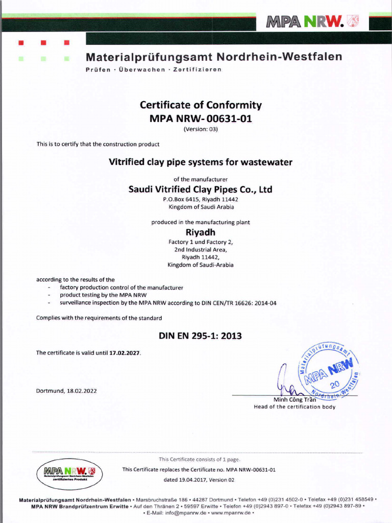 MPA NRW 220000631-1 Certificate of Conformity | PDF