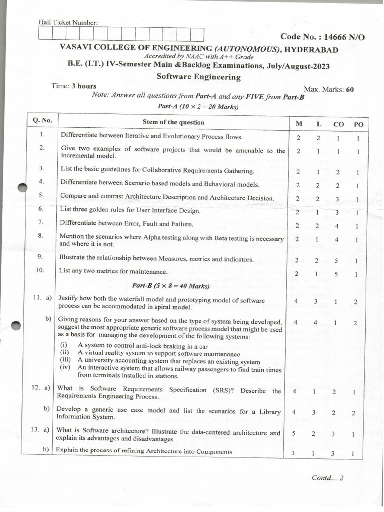 Software Engineering, IV Sem, I T, Aug 2023 | PDF