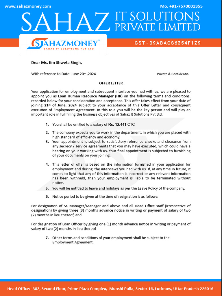Offer Letter - Shweta Singh | PDF | Economies | Business