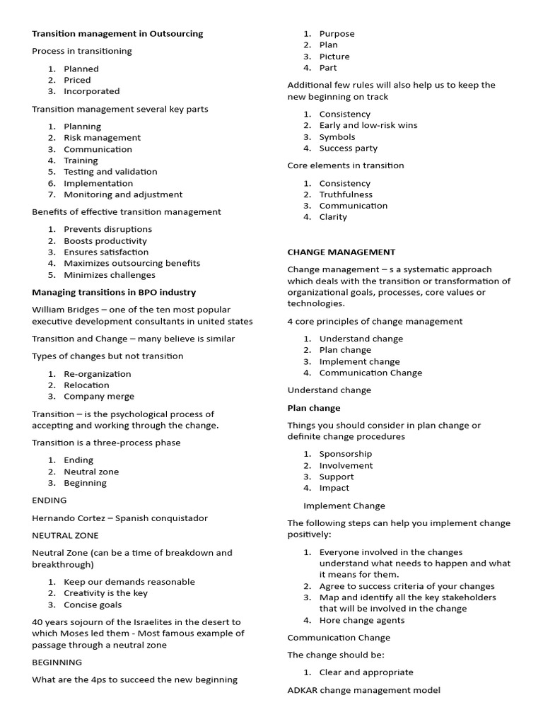 Quiz Reviewer Transition Management | PDF | Change Management | Outsourcing