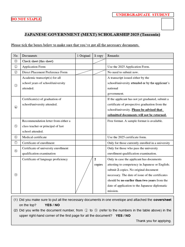 Japanese Government (Mext) Scholarship 2025 (Tanzania) | PDF