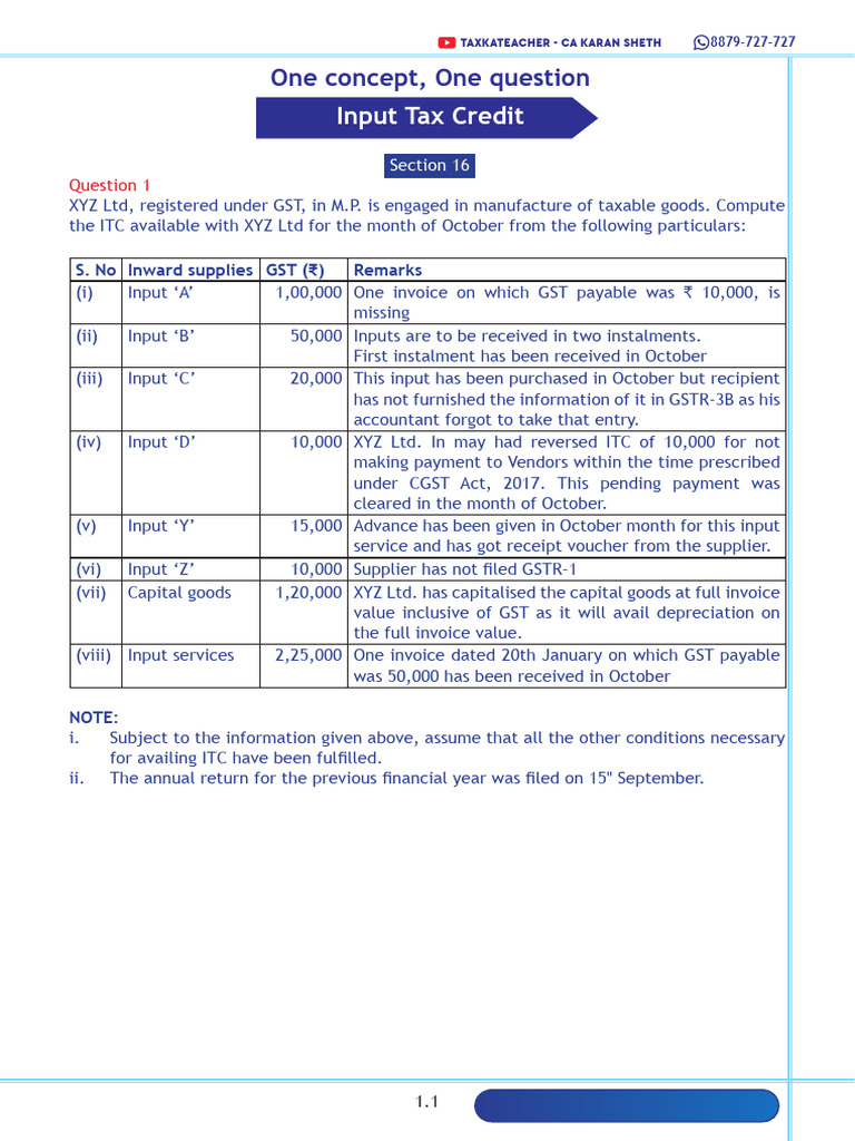 Input Tax Credit One Question One Solution | PDF | Value Added Tax | Taxes