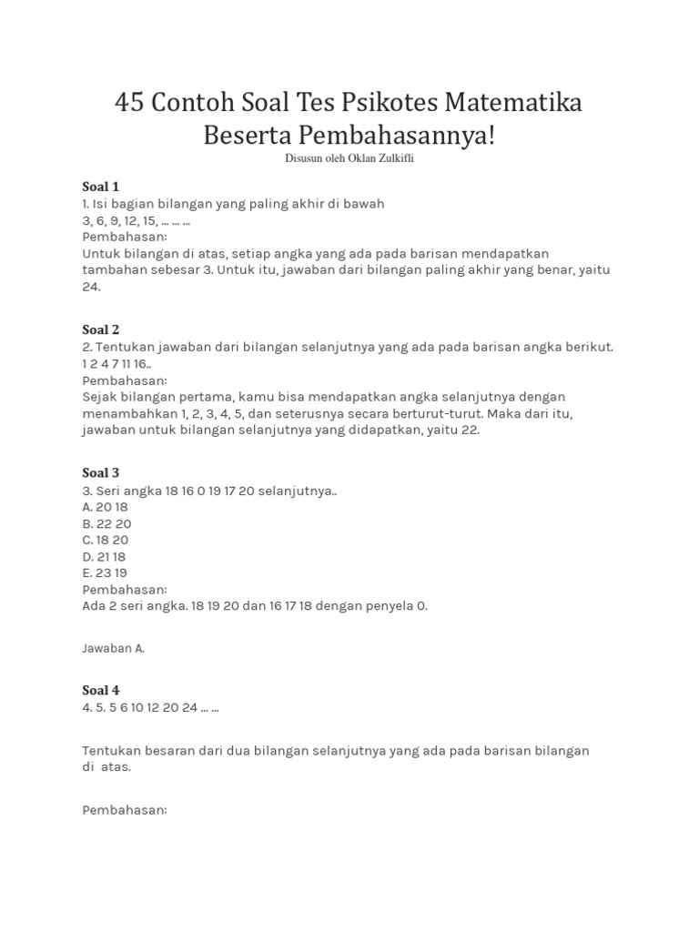 45 Contoh Soal Tes Psikotes Matematika Beserta Pembahasannya | PDF
