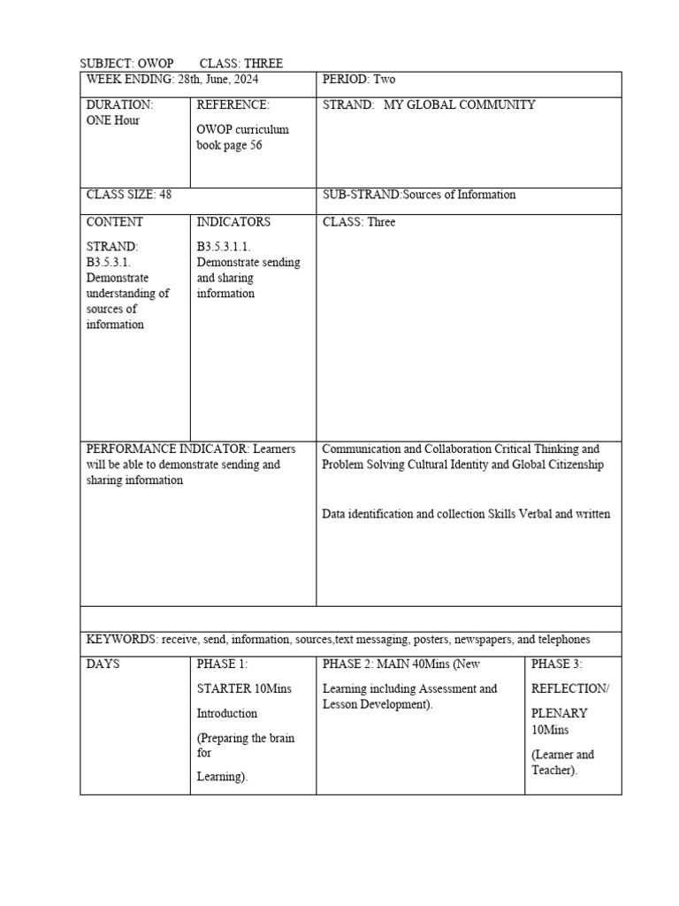 WEEK 9 Term 3 Lesson Plan (Grade 3) Science, History & OWOP | PDF ...