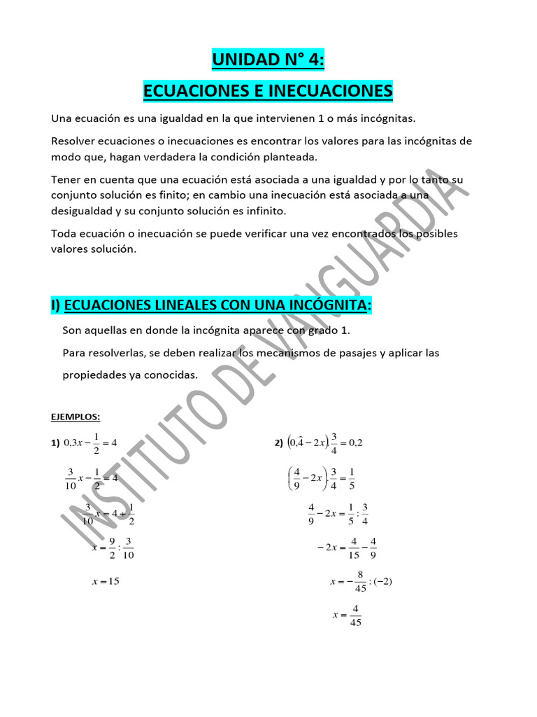 Mat Unidad 4 Ecuaciones e Inecuaciones - 3 - Lineales | PDF ...