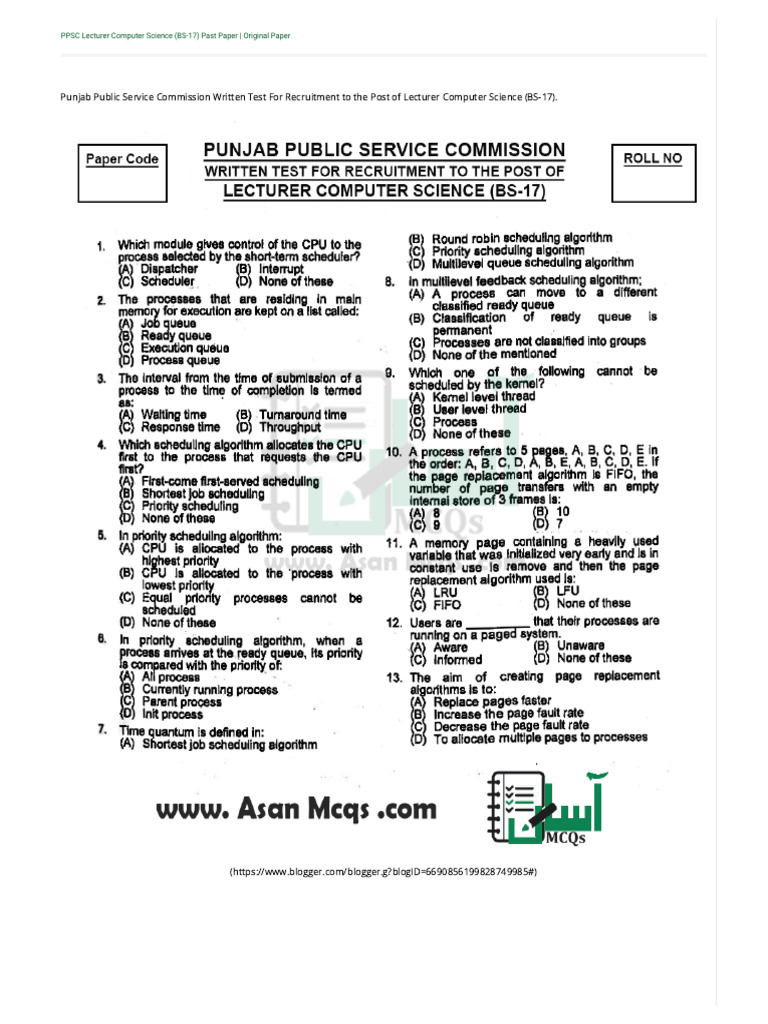 PPSC Lecturer Computer Science (BS-17) Past Paper - Original Paper ...