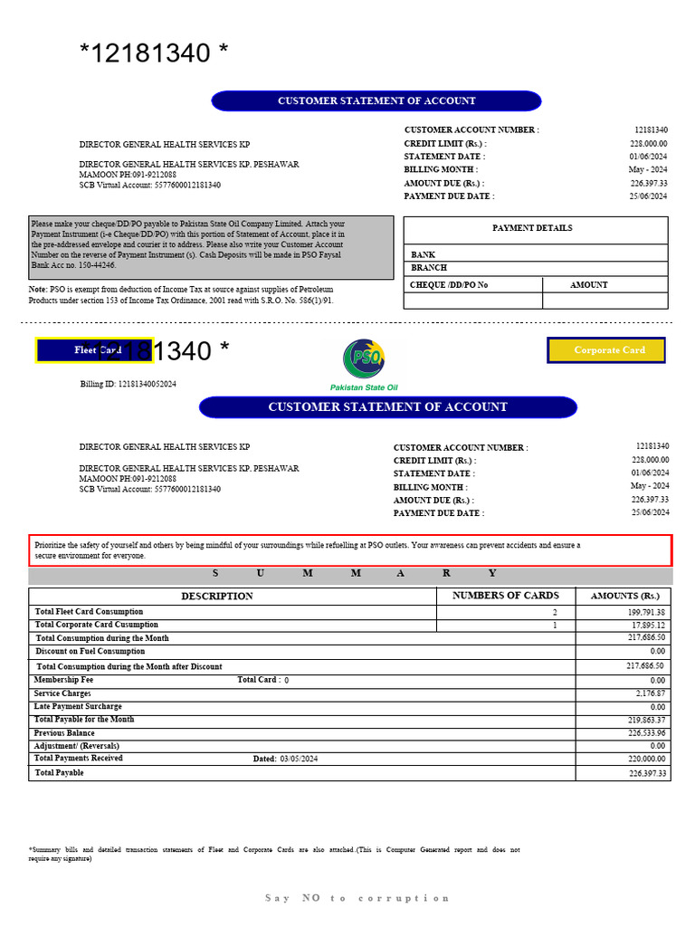 Customer Statement of Account | PDF | Fee | Cheque