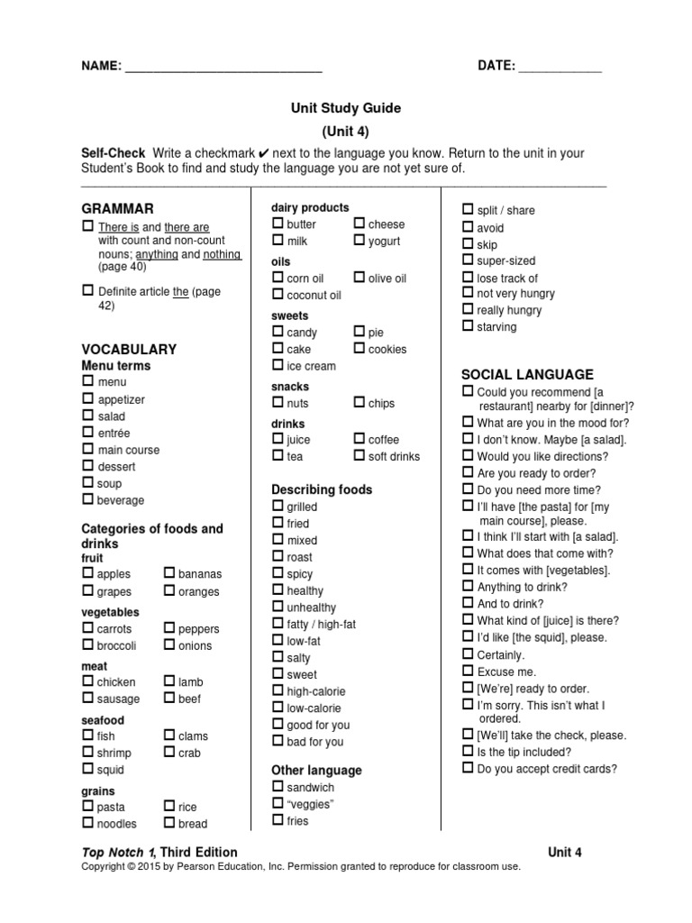 UNIT 04 Unit Study Guide | PDF | Drink | Salad