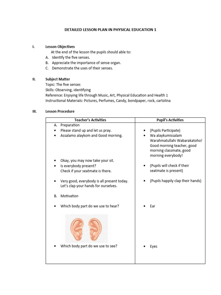 Detailed Lesson Plan 5 Senses | Download Free PDF | Senses | Taste