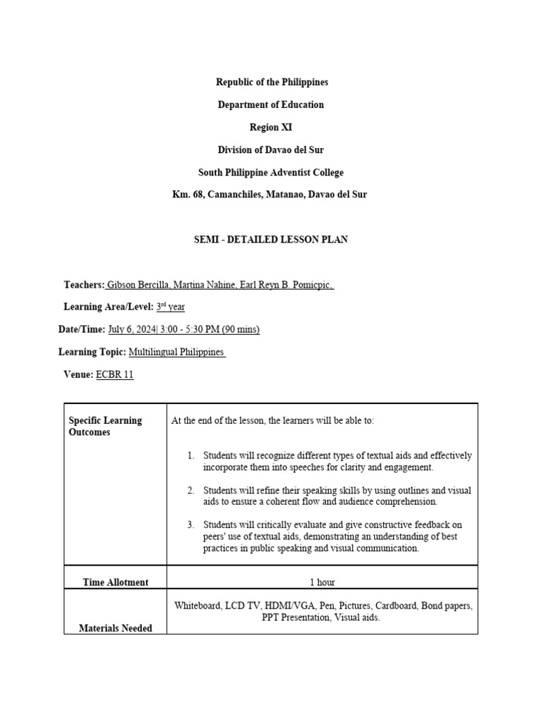 Lesson Plan For Multilanguage Philippines | PDF | Lesson Plan | Human ...