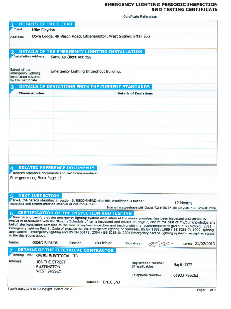 Emergency Lighting Test Cert Feb 2013 | PDF