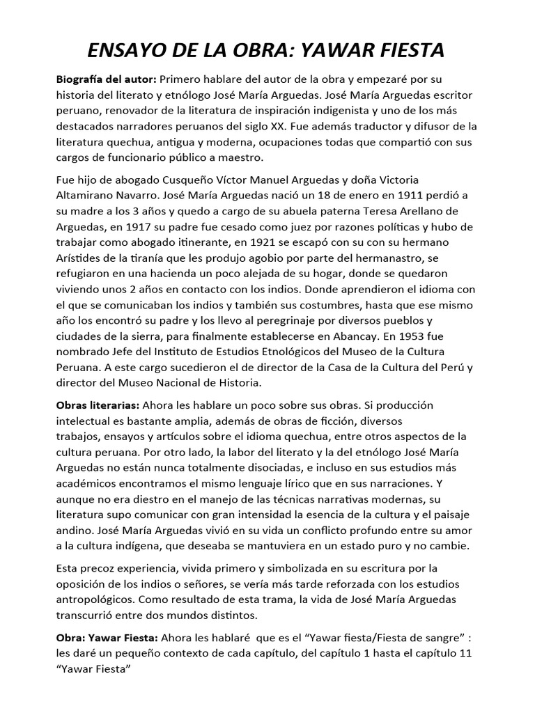 Ensayo Literario Yawar Fiesta | PDF | Viajes y turismo | Historia