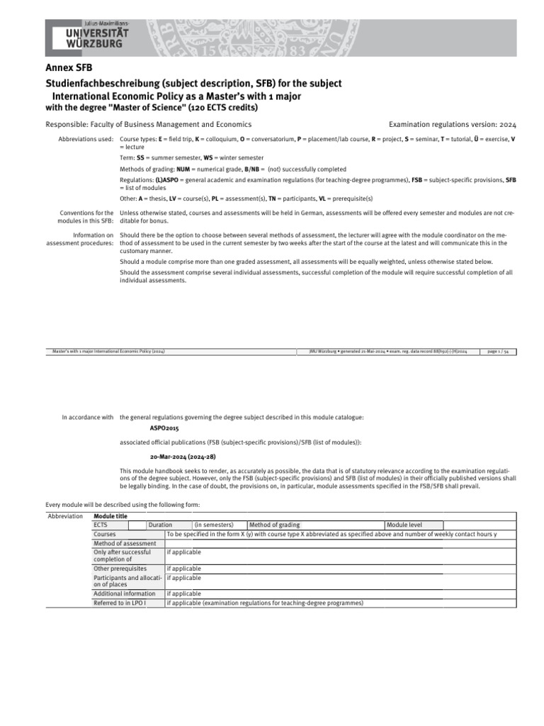 Annex SFB Studienfachbeschreibung (Subject Description, SFB) For The ...