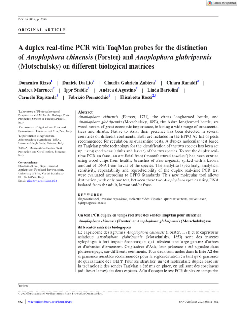 Eppo Bulletin 2023 Rizzo A Duplex Real Time Pcr With Taqman