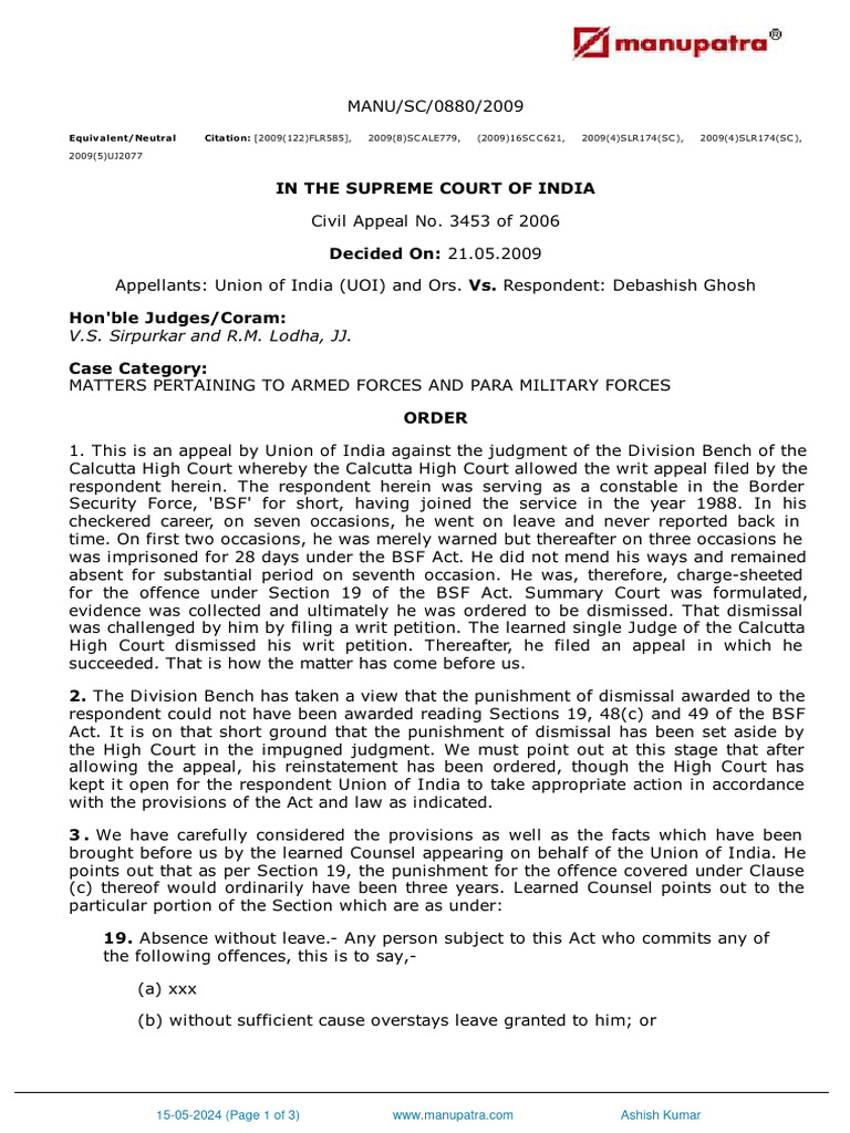 Union of India UOI and Ors Vs Debashish Ghosh 2105s090878COM341881 ...