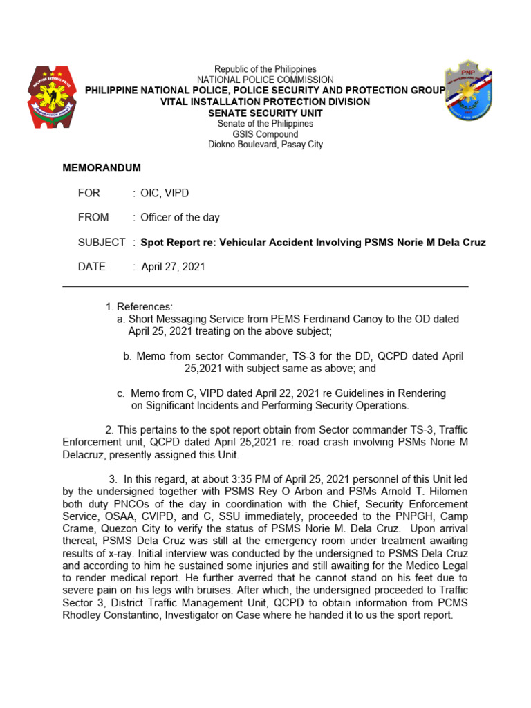 Spot Report Re Vehicular Accident Involving PSMS Norie M Dela Cruz ...