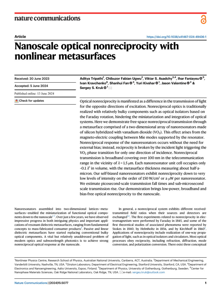 Nanoscale Optical Nonreciprocity With Nonlinear Metasurfaces | PDF ...