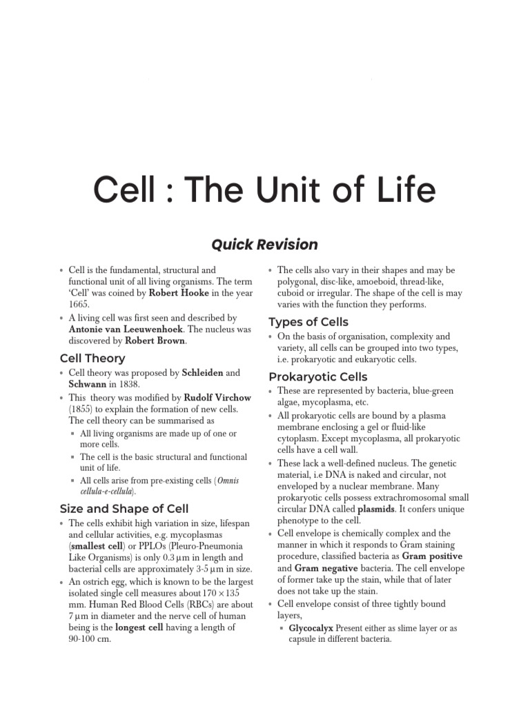 Cell: The Unit of Life: Quick Revision | PDF | Endoplasmic Reticulum ...