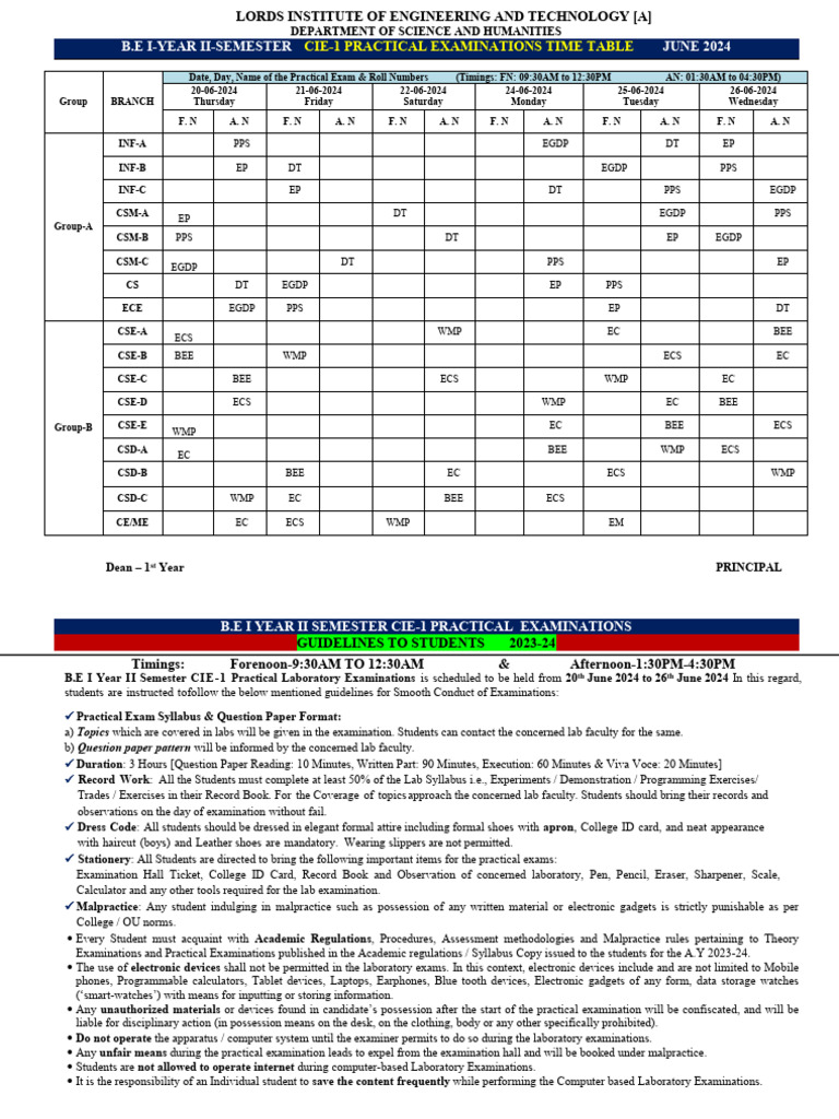 CIE-1 PRACTICAL TIME TABLE 2023-24 I-Year II-Semester-2 | PDF | Computing