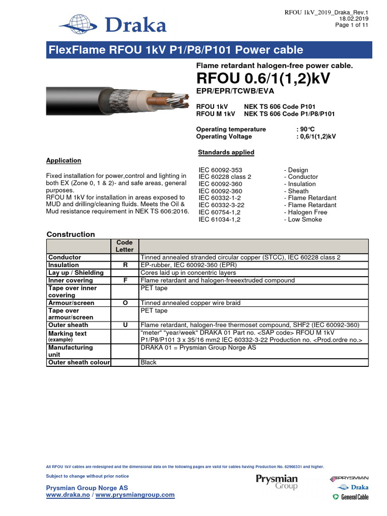 RFOU 1kV P1/P8 Power Cable Overview | PDF | Electrical Conductor | Wire