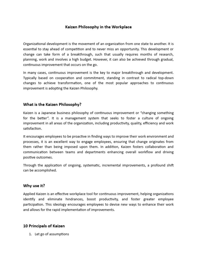 Kaizen Philosophy for Workplace Improvement | PDF | Business | Business ...