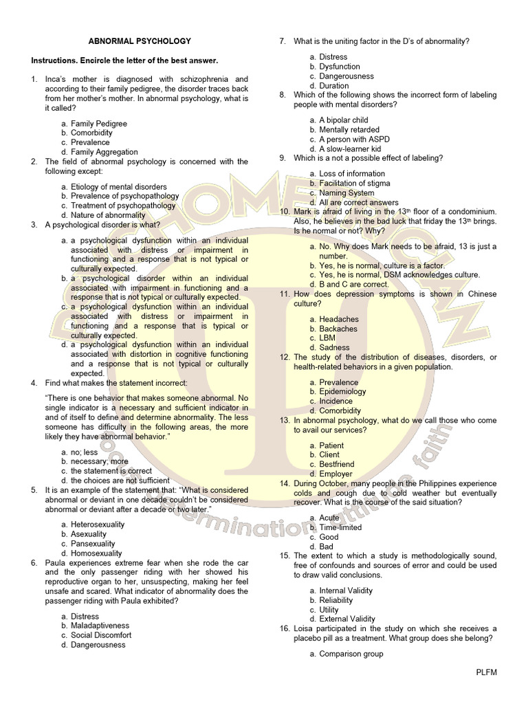 Abnormal Psychology Practice Exam | Download Free PDF | Mental Disorder ...