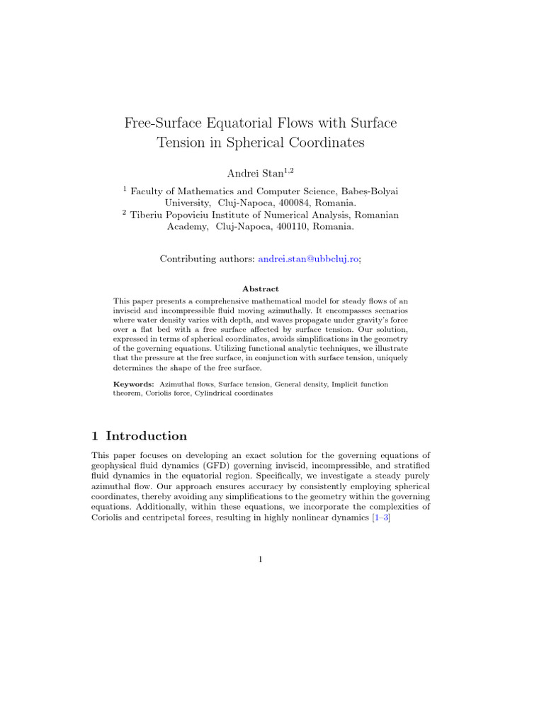 Free Surface Equatorial Flows in Spherical Coordinates With Surface ...