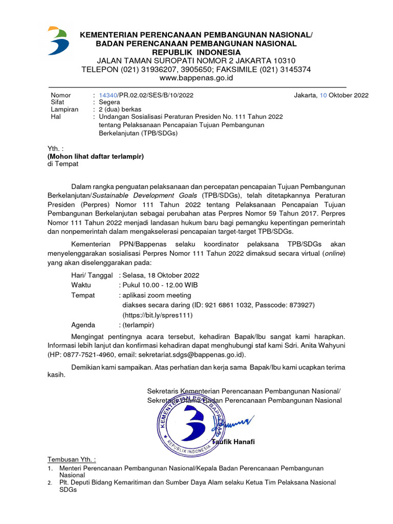 Undangan Peserta Sosialisasi Perpres SDGs 111 - 2021, 18 Okt 2022 | PDF | Bisnis | Ilmu Sosial