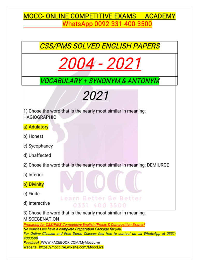 Mocc Solved Vocabulary Portion | PDF | Science & Mathematics
