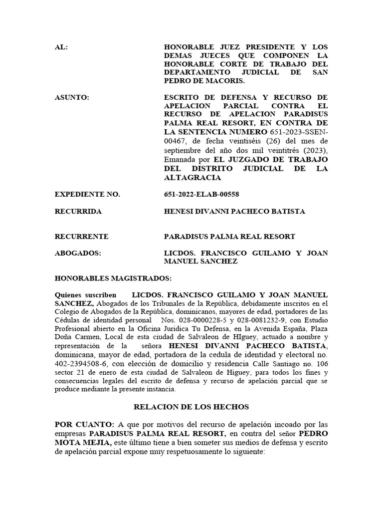 Escrito de Defensa Contra El Recurso de Apelacion2 | PDF | Sentencia ...