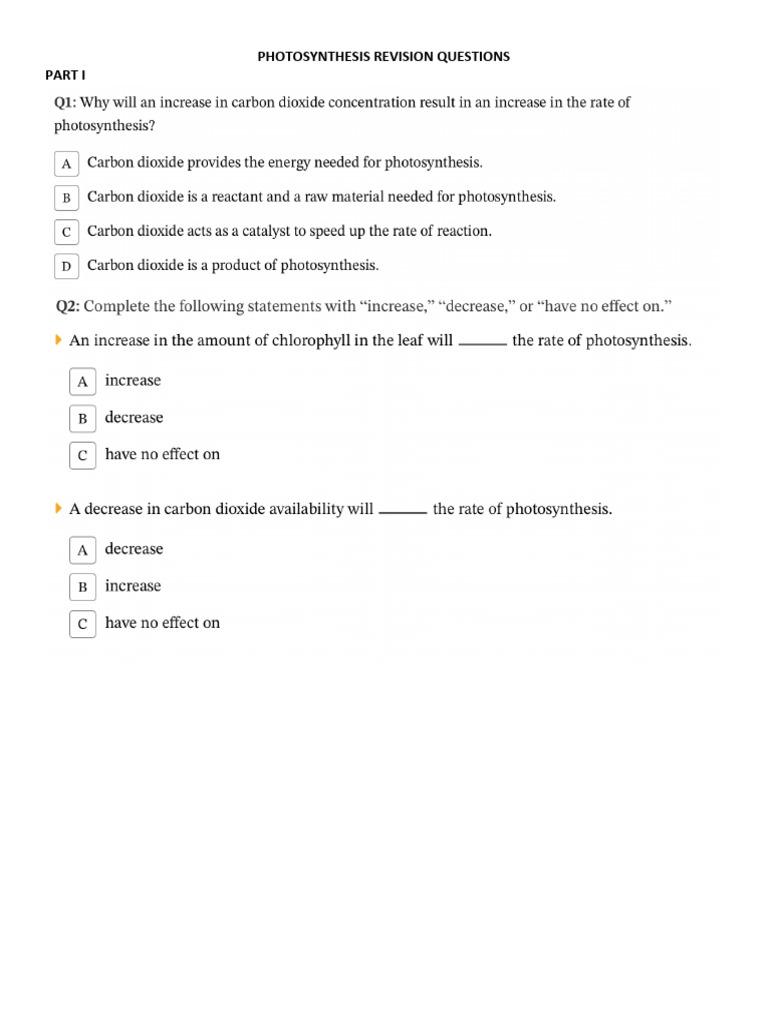 Photosynthesis Revision Questions Guide | PDF | Photosynthesis | Leaf