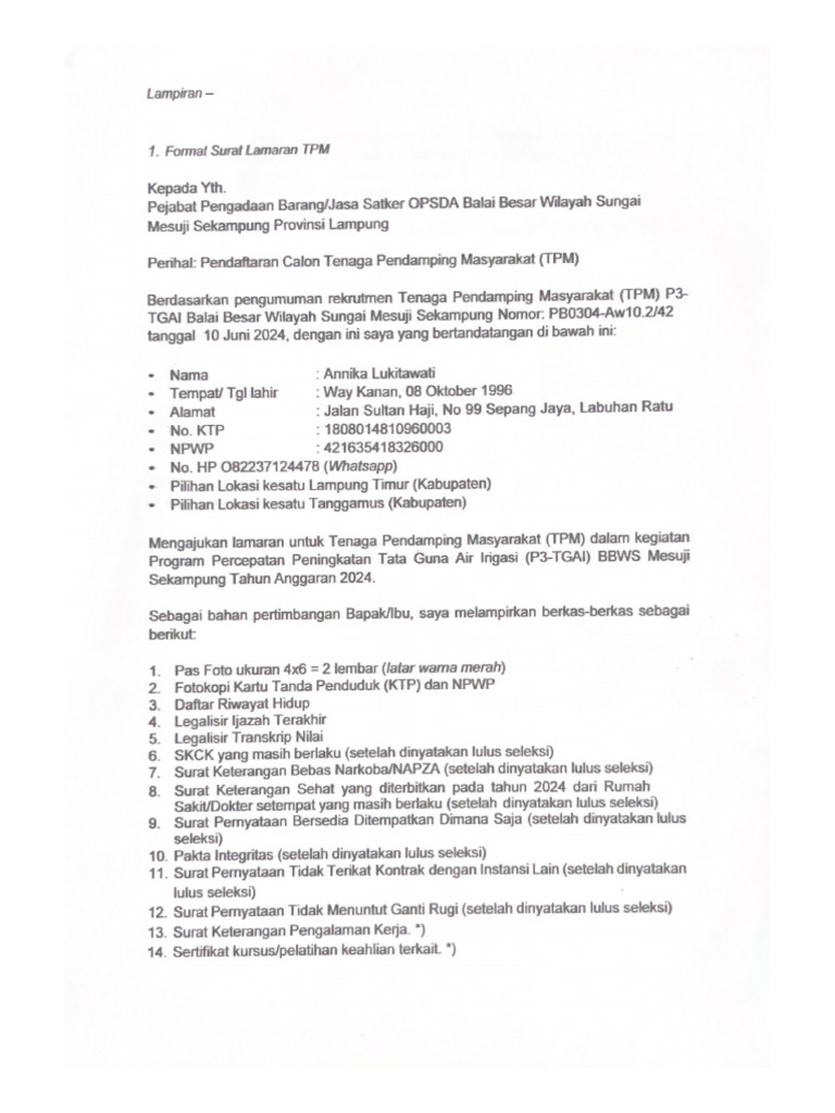 Format Surat Lamaran TPM | PDF