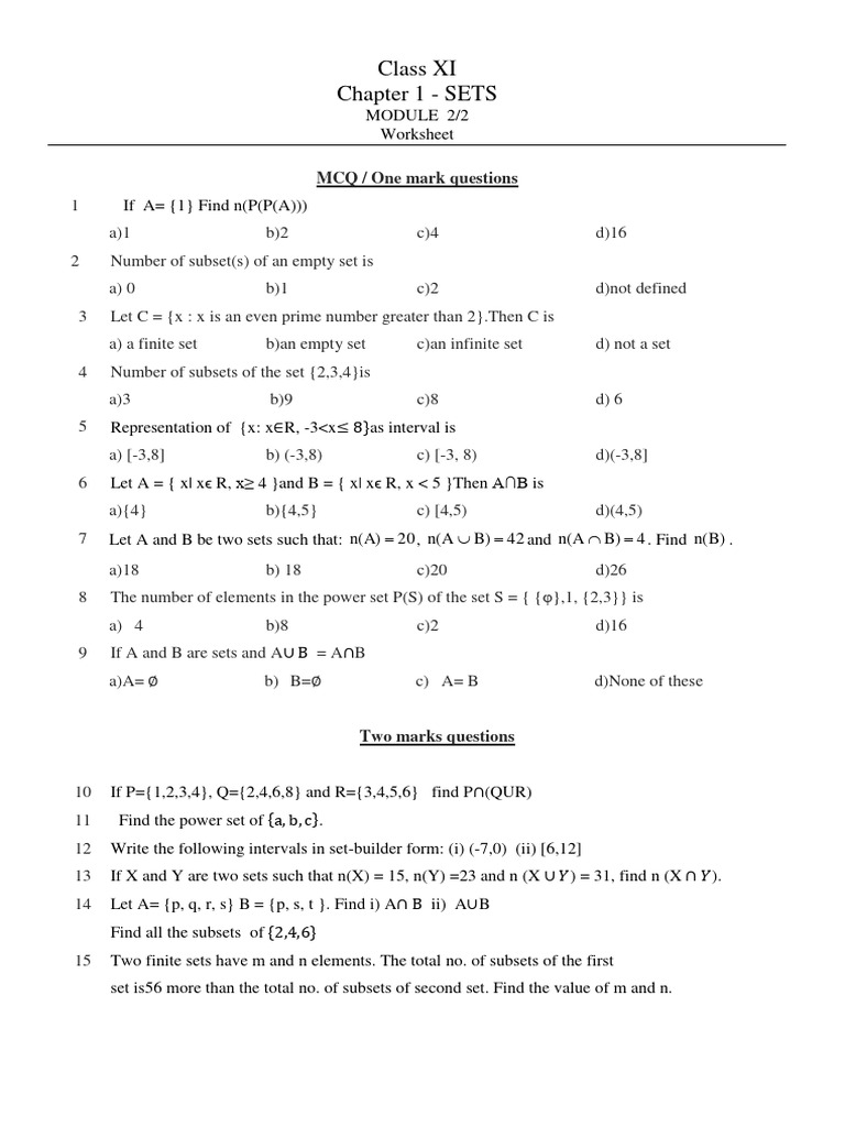 XI Maths Sets 2 of 2 Worksheet | PDF | Set (Mathematics) | Mathematical ...