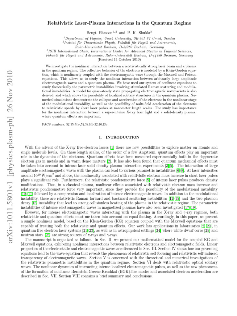Relativistic Laser-Plasma Interactions in The Quantum Regime | PDF | Waves | Electron