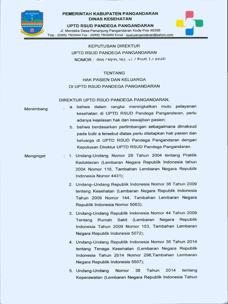 445-KPTS.195.Ci-RSUD.1-2020 (Hak Pasien Dan Keluarga Di UPTD RSUD Pandega Pangandaran) | PDF