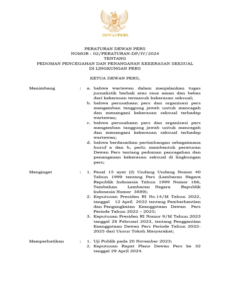2-Peraturan DP Pedoman Pencegahan Dan Penanganan Kekerasan Seksual Di Lingkungan Pers | PDF ...