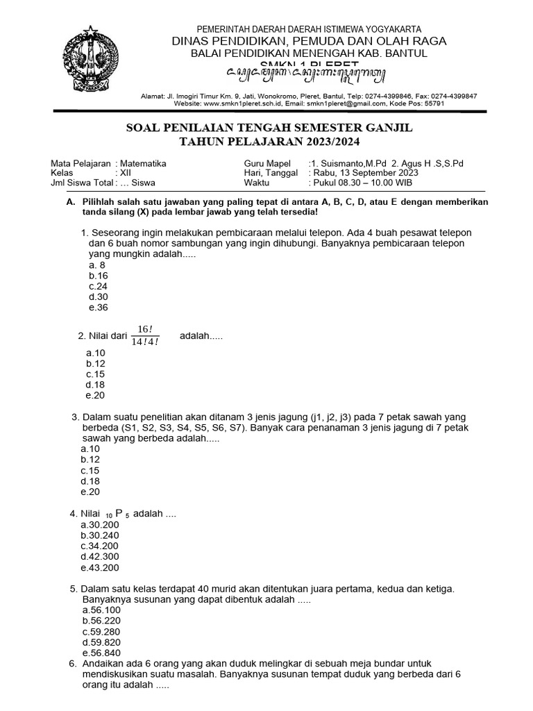 Soal PTS Mat KLS Xii 1 2023 Ok | PDF